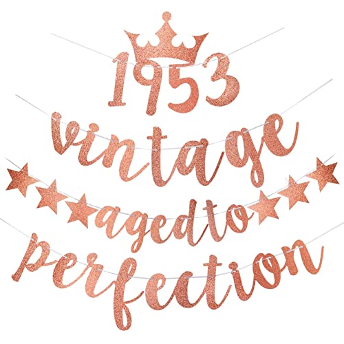 Rose Gold 70th Birthday Banner Decorations for Women, Glitter Vintage 1953 Aged to Perfection Banner Party Supplies, Seventy Year Old Bday Anniversary Hanging Sign Decor