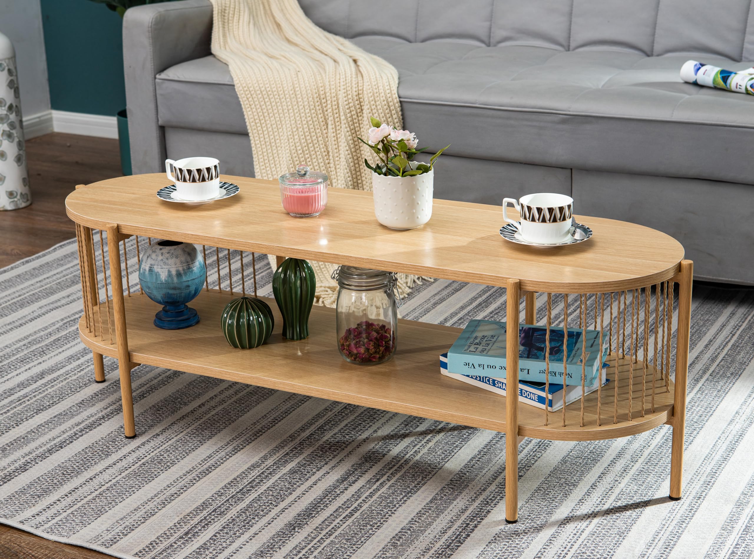 MAISON ARTS Modern Coffee Table with Storage Shelf, Rustic Farmhouse Coffee Table with Metal Legs for Living Room, Wood Look Mid Century Accent Furniture, Easy Assembly