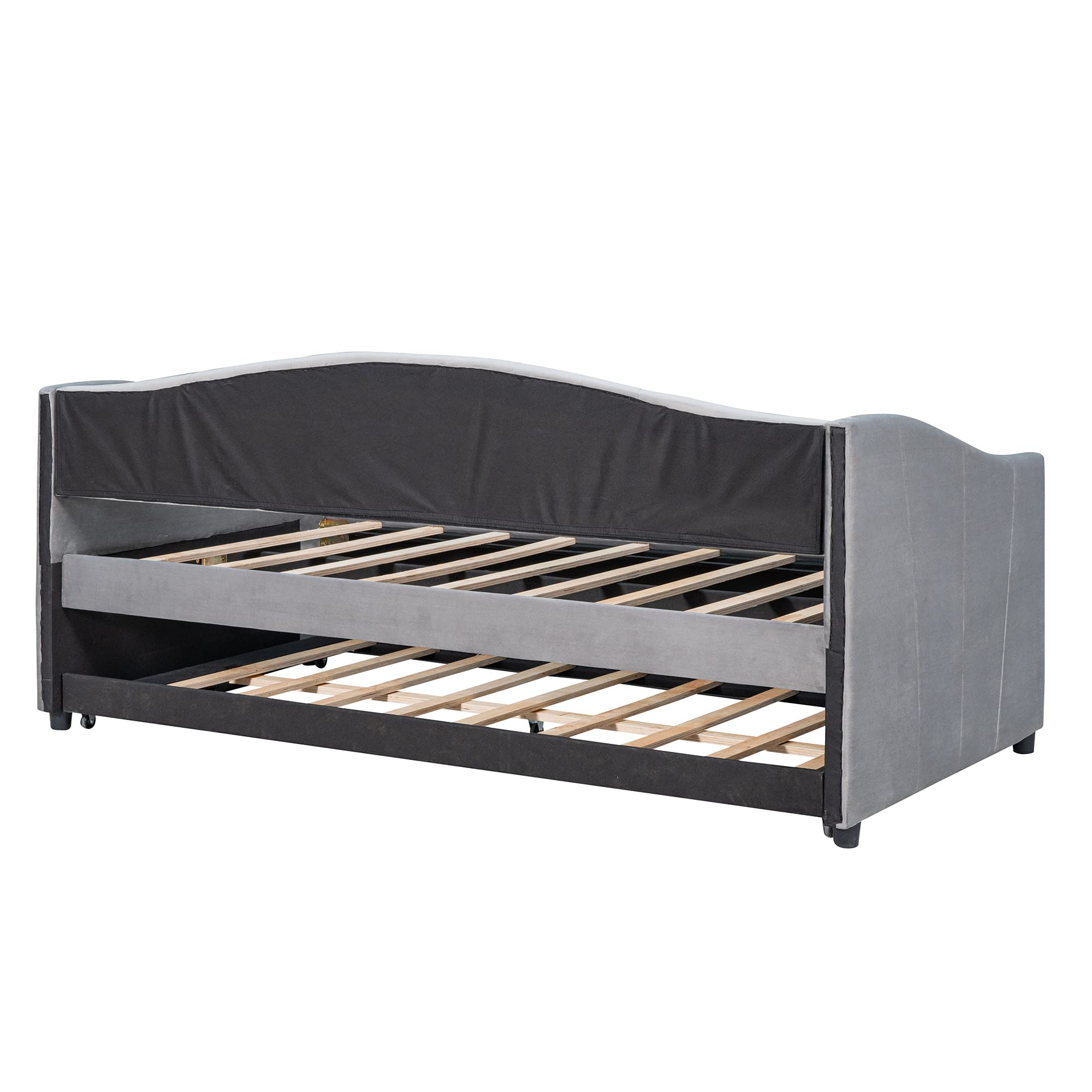GINGVAT Stylish Upholstered Daybed Sofa Bed with Twin Size Trundle and Wood Slat, Gray, White