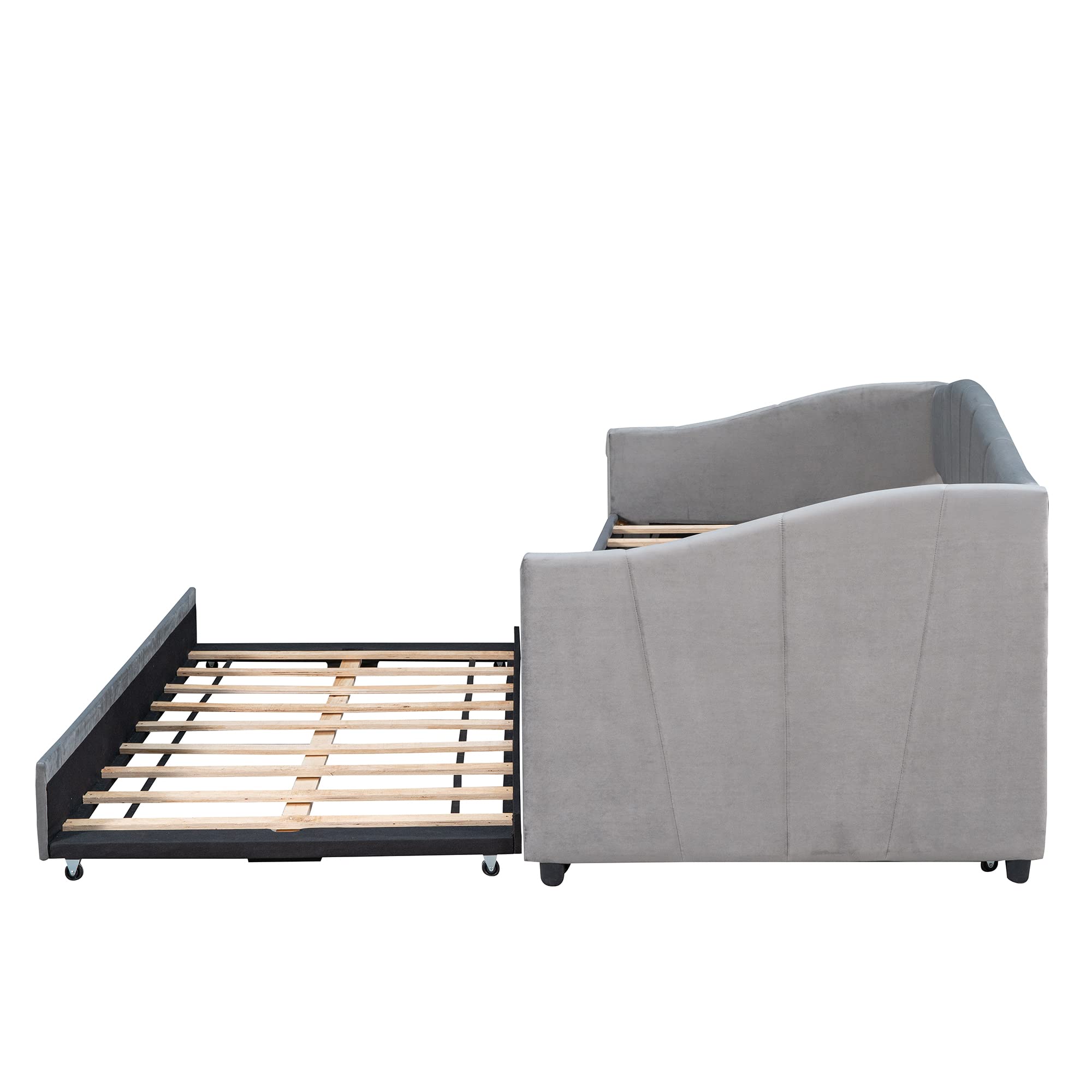 GINGVAT Stylish Upholstered Daybed Sofa Bed with Twin Size Trundle and Wood Slat, Gray, White