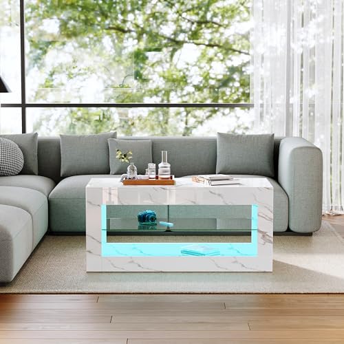 Coffee Tables for Living Room, Modern High Gloss Marble Print Center Table with Glass Open Storage and LED Lights - Stylish Home Decor for Coffee and More, White with Gloss