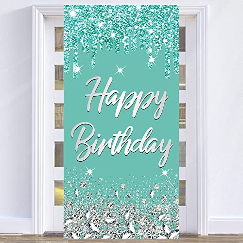 Teal Silver Birthday Door Banner Decorations, Breakfast Blue Birthday Theme Sign Decor for Girl Women, Sweet 16 18th 21st 30th 40th 50th 60th Birthday Party Supplies