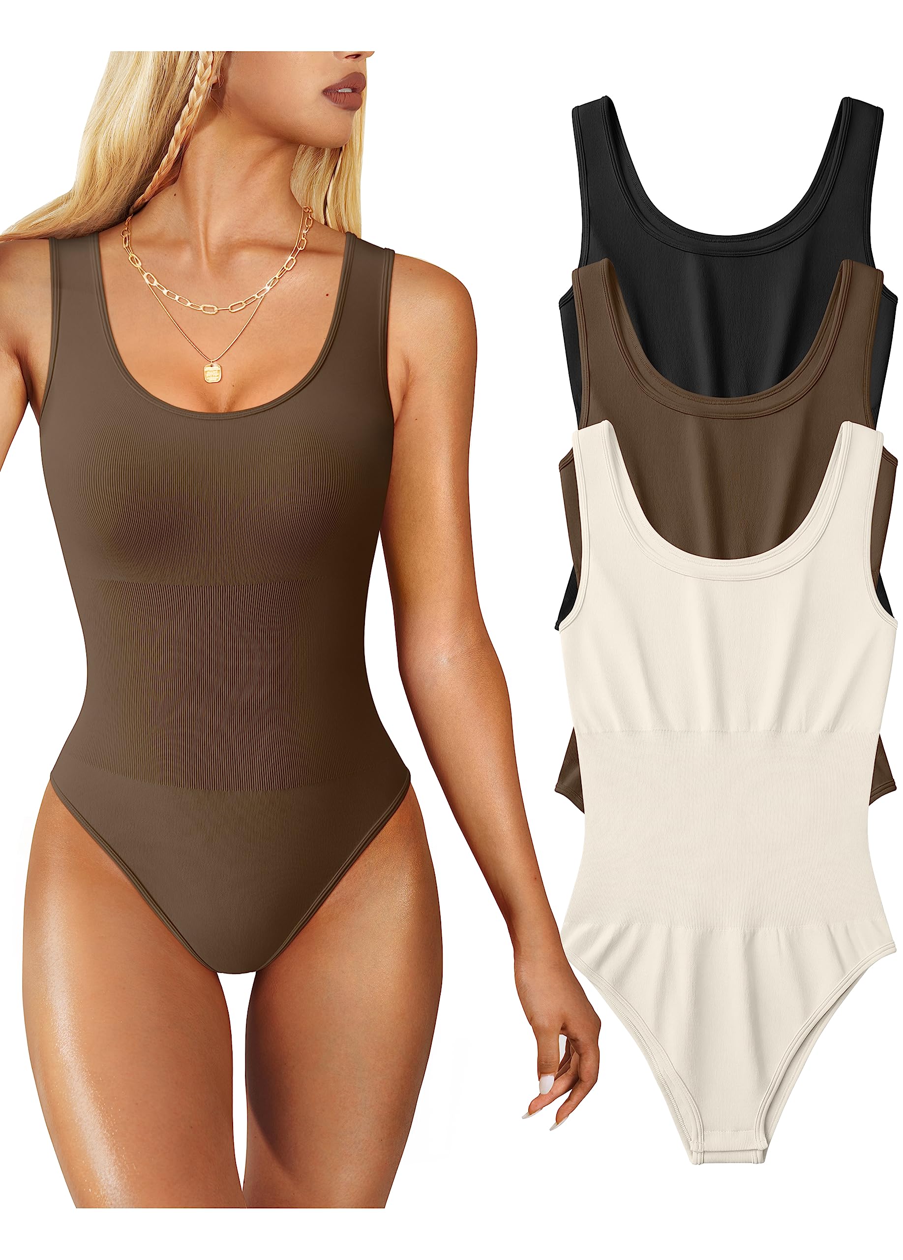 OQQ Women's 3 Piece Sexy Sleeveless Round Neck Shapewear Tank Top BodySuit, Black Coffee Beige, Small