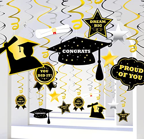 42PCS Graduation Decorations 2023 Hanging Swirls Party Supplies - Grad Star/Mortarboards/Diplomas Ceiling Foil Ornaments(Black,Silver,Gold)