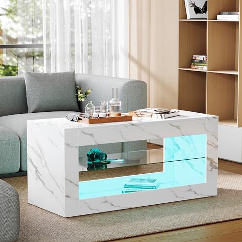 Coffee Tables for Living Room, Modern High Gloss Marble Print Center Table with Glass Open Storage and LED Lights - Stylish Home Decor for Coffee and More, White with Gloss