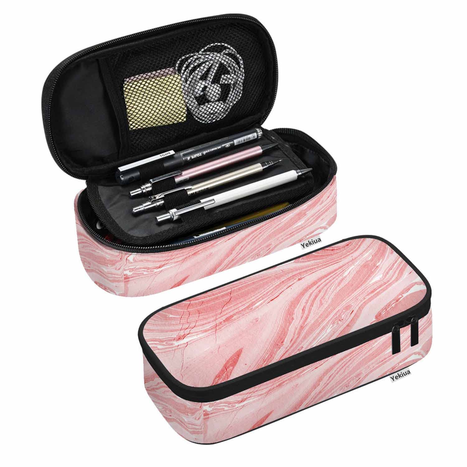 Yekiua Pink Marble Pencil Case Abstract Alcohol Liquid Ink Wave Big Capacity Pencil Pouch Office College Makeup Bag
