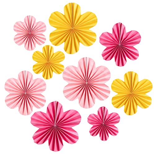 Easy Joy Paper Flowers Decorations for Wall Paper Fans Classroom Decoration Paper Floral Backdrop Decor Paper Fans Decoration Hanging Paper Fans Pink Flower Wall Decor,Set of 9