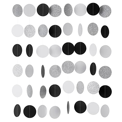 Black White Silver Glitter Paper Garland Circle Dot Streamer Banner for Graduation Bridal Shower Wedding Birthday Party Decorations, 2.5" in Diameter, 20 Feet in Total