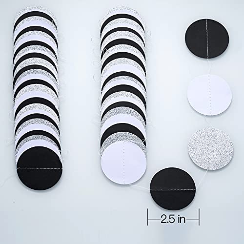 Black White Silver Glitter Paper Garland Circle Dot Streamer Banner for Graduation Bridal Shower Wedding Birthday Party Decorations, 2.5" in Diameter, 20 Feet in Total