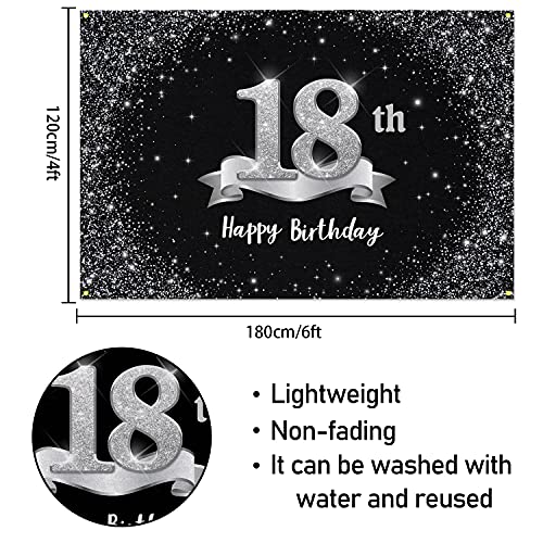 HAMIGAR 6x4ft Happy 18th Birthday Banner Backdrop - 18 Years Old Birthday Decorations Party Supplies for Girls Boys - Black Silver