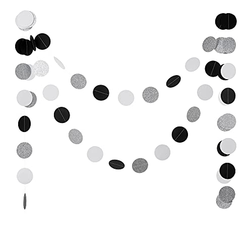 Black White Silver Glitter Paper Garland Circle Dot Streamer Banner for Graduation Bridal Shower Wedding Birthday Party Decorations, 2.5" in Diameter, 20 Feet in Total