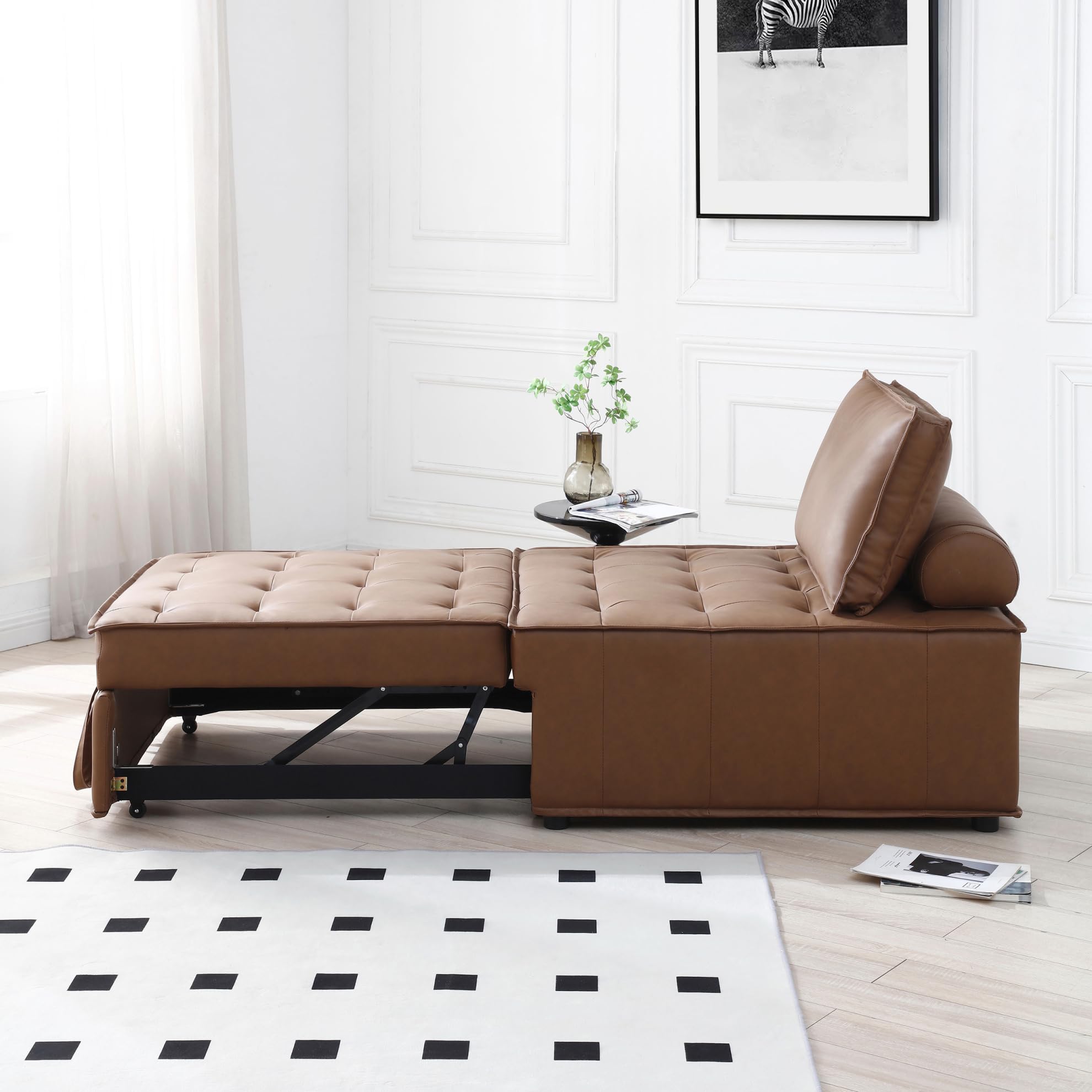 TRIPLE TREE 3 in 1 Multipurpose Folding Ottoman Sleeper Sofa Bed, Faux Leather Convertible Sleeper Chair, Adjustable Single Sofa Bed for Living Room Apartment,Brown