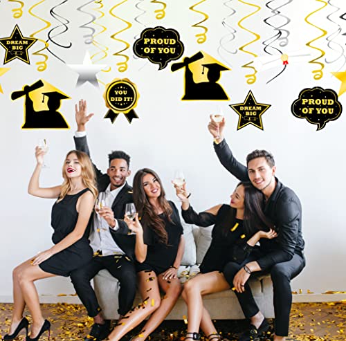 42PCS Graduation Decorations 2023 Hanging Swirls Party Supplies - Grad Star/Mortarboards/Diplomas Ceiling Foil Ornaments(Black,Silver,Gold)