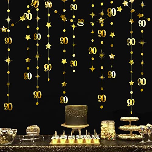 Gold 90th Birthday Decorations Number 90 Circle Dot Twinkle Star Garland Metallic Hanging Streamer Bunting Banner Backdrop for Women Mens 90 Year Old Birthday Nighty Anniversary Party Supplies