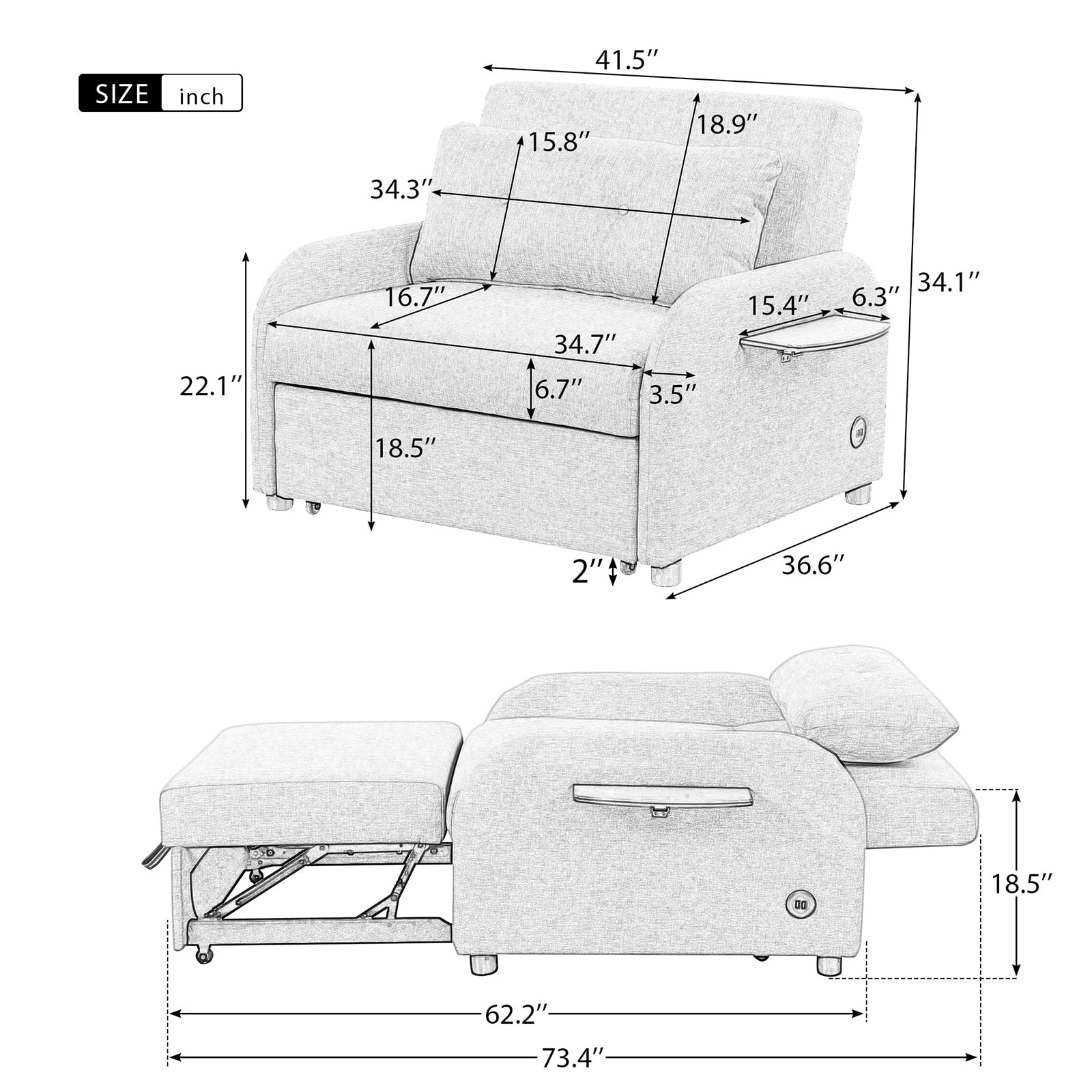 NOLLAM Pull Out Sleeper Sofa Bed with 2 Wing Table and USB Charge, Linen Fabric Single Sofa Chair Bed, Convertible Sofa Chair 3-in-1, Sleeper Chair Bed for Living Room Apartment Office, Beige Couch