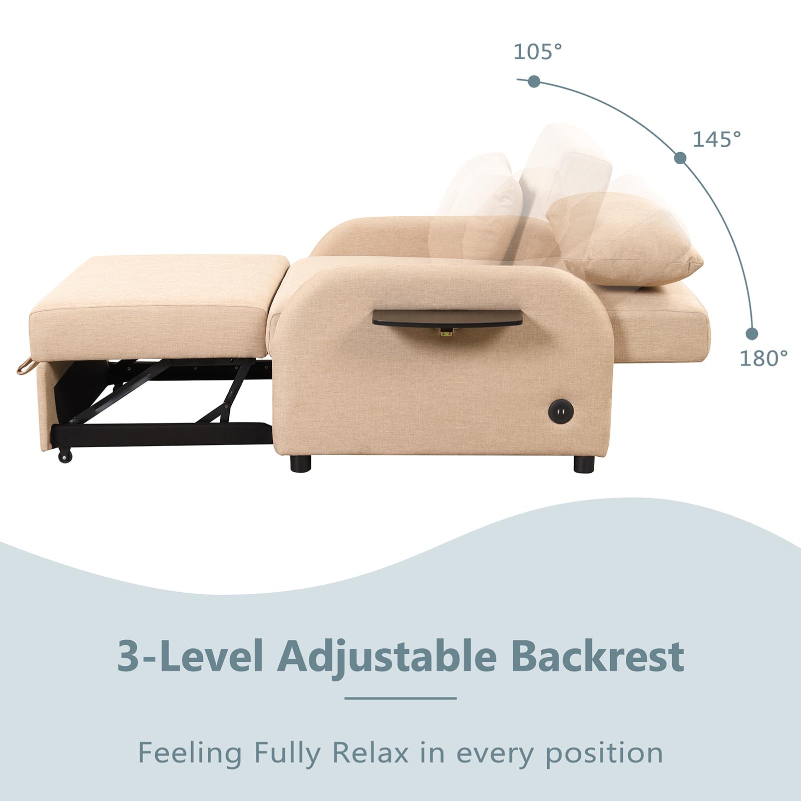 NOLLAM Pull Out Sleeper Sofa Bed with 2 Wing Table and USB Charge, Linen Fabric Single Sofa Chair Bed, Convertible Sofa Chair 3-in-1, Sleeper Chair Bed for Living Room Apartment Office, Beige Couch