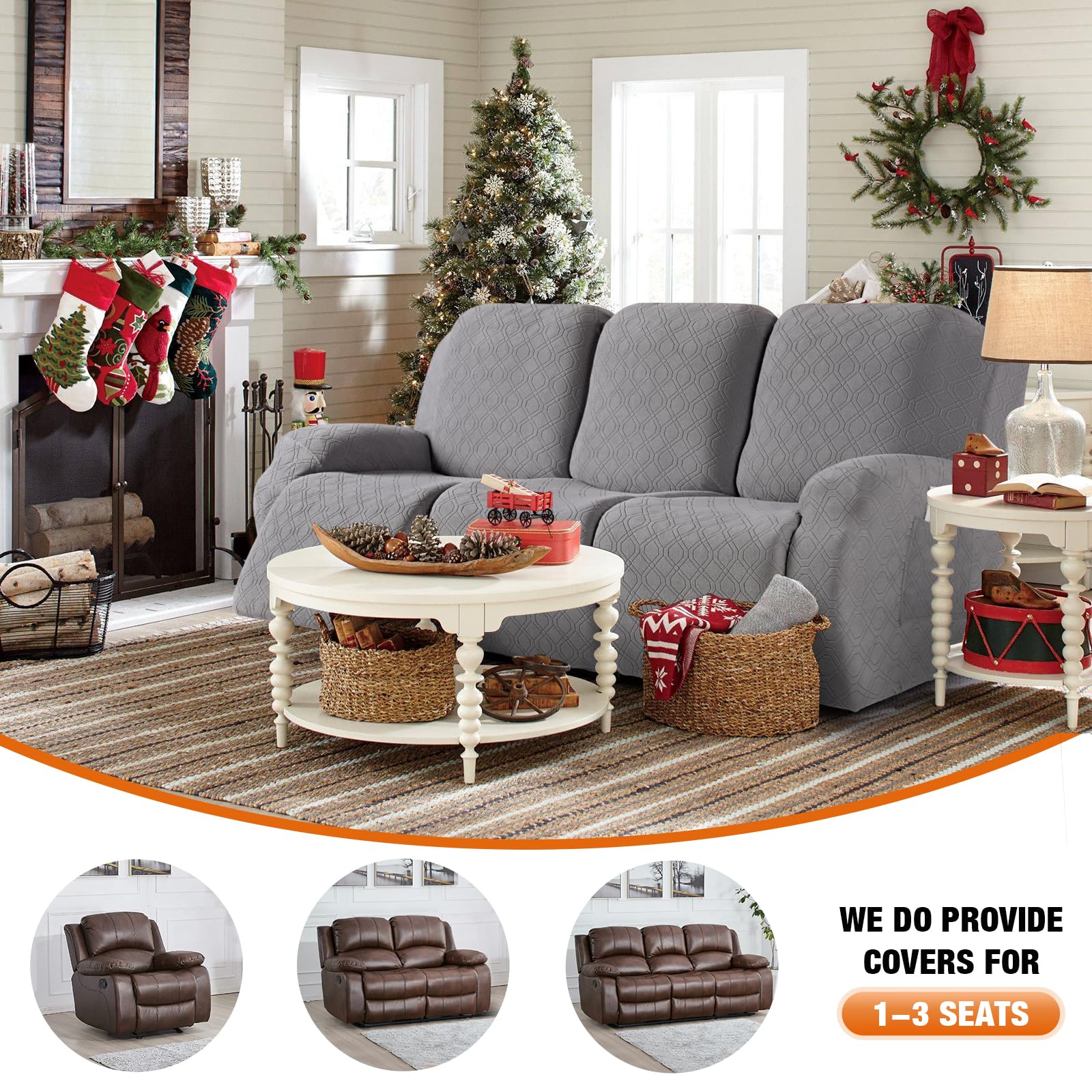 VANSOFY Recliner Cover, 3-Pieces Stretch Reclining Couch Covers with Pockets Reclining Sofa Slipcovers 3 Seater Soft Washable Furniture Protector for Dogs Cats(Light Gray)