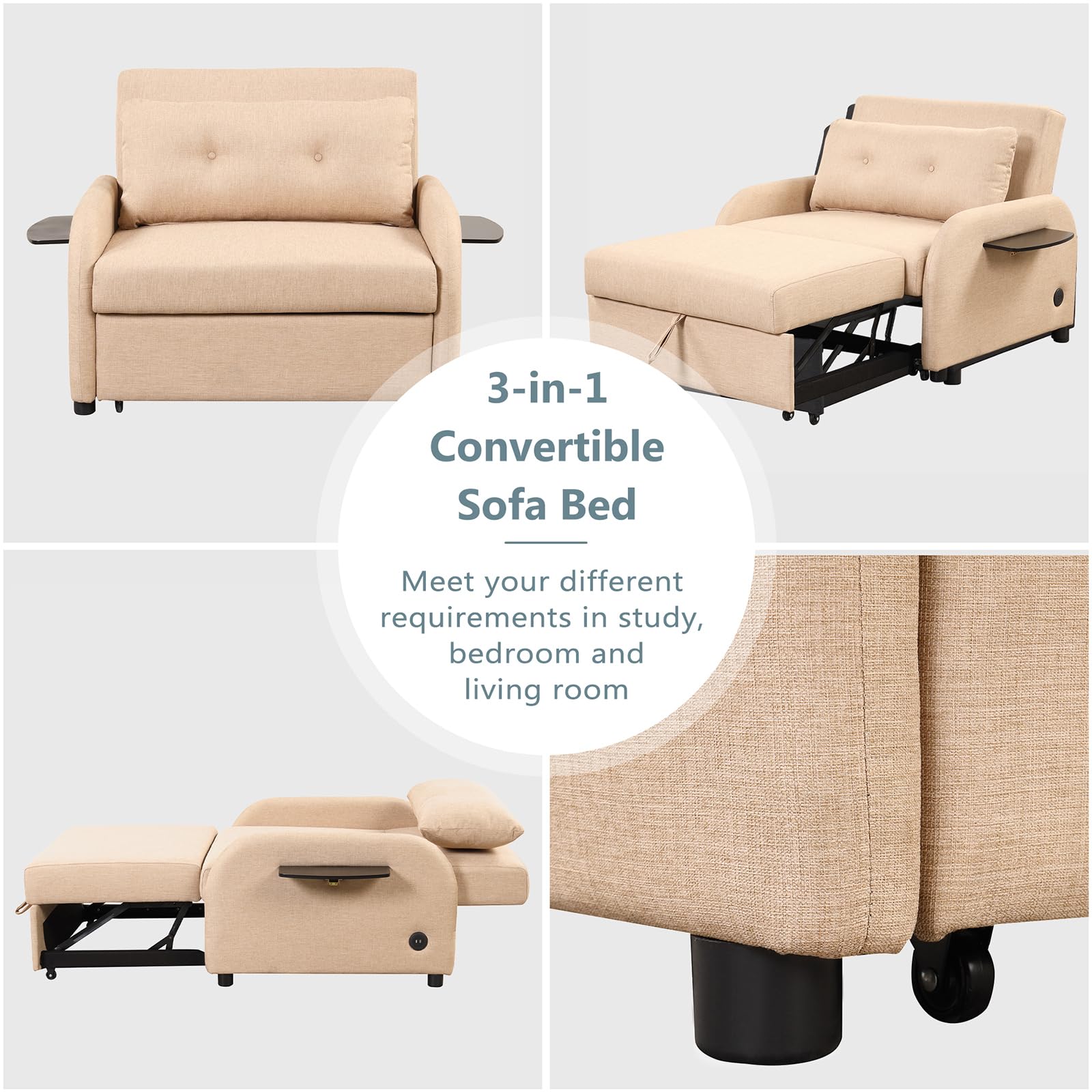 NOLLAM Pull Out Sleeper Sofa Bed with 2 Wing Table and USB Charge, Linen Fabric Single Sofa Chair Bed, Convertible Sofa Chair 3-in-1, Sleeper Chair Bed for Living Room Apartment Office, Beige Couch