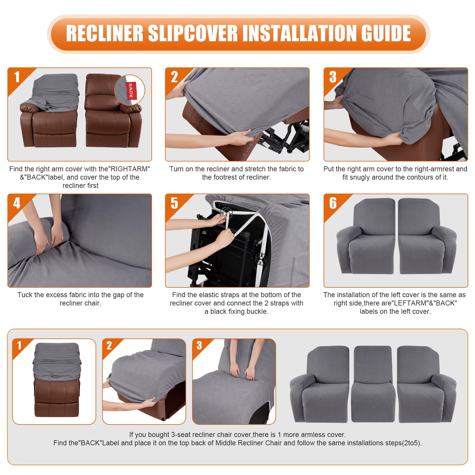 VANSOFY Recliner Cover, 3-Pieces Stretch Reclining Couch Covers with Pockets Reclining Sofa Slipcovers 3 Seater Soft Washable Furniture Protector for Dogs Cats(Light Gray)