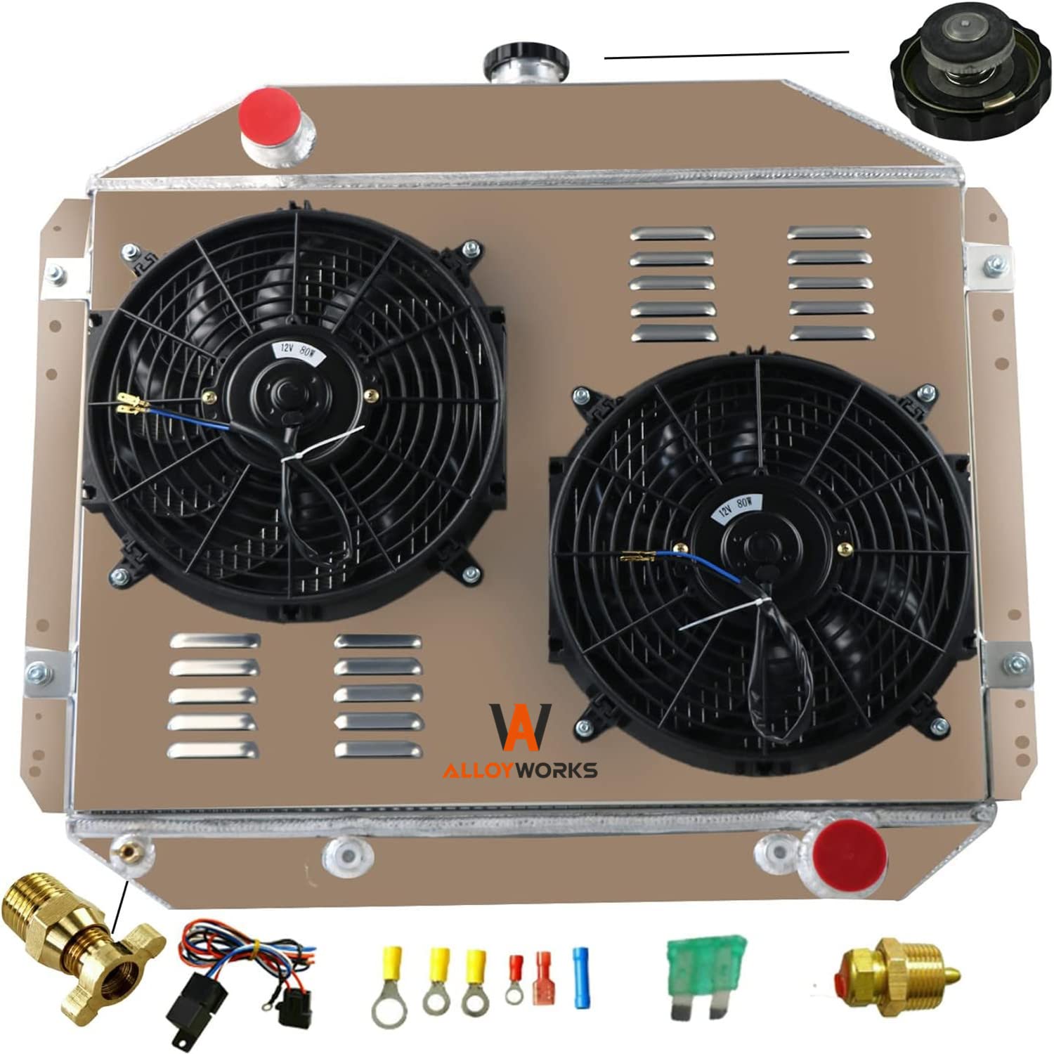 ALLOYWORKS CC833 Aluminum Radiator Compatible with 1966-1979 Ford F-100 F-150 F-250 F-350 1978-1979 Ford Bronco Truck Downflow Radiator, 4 Row Radiators, Shroud Fan Relay Kit, L6 V8 Chevy Engines Only