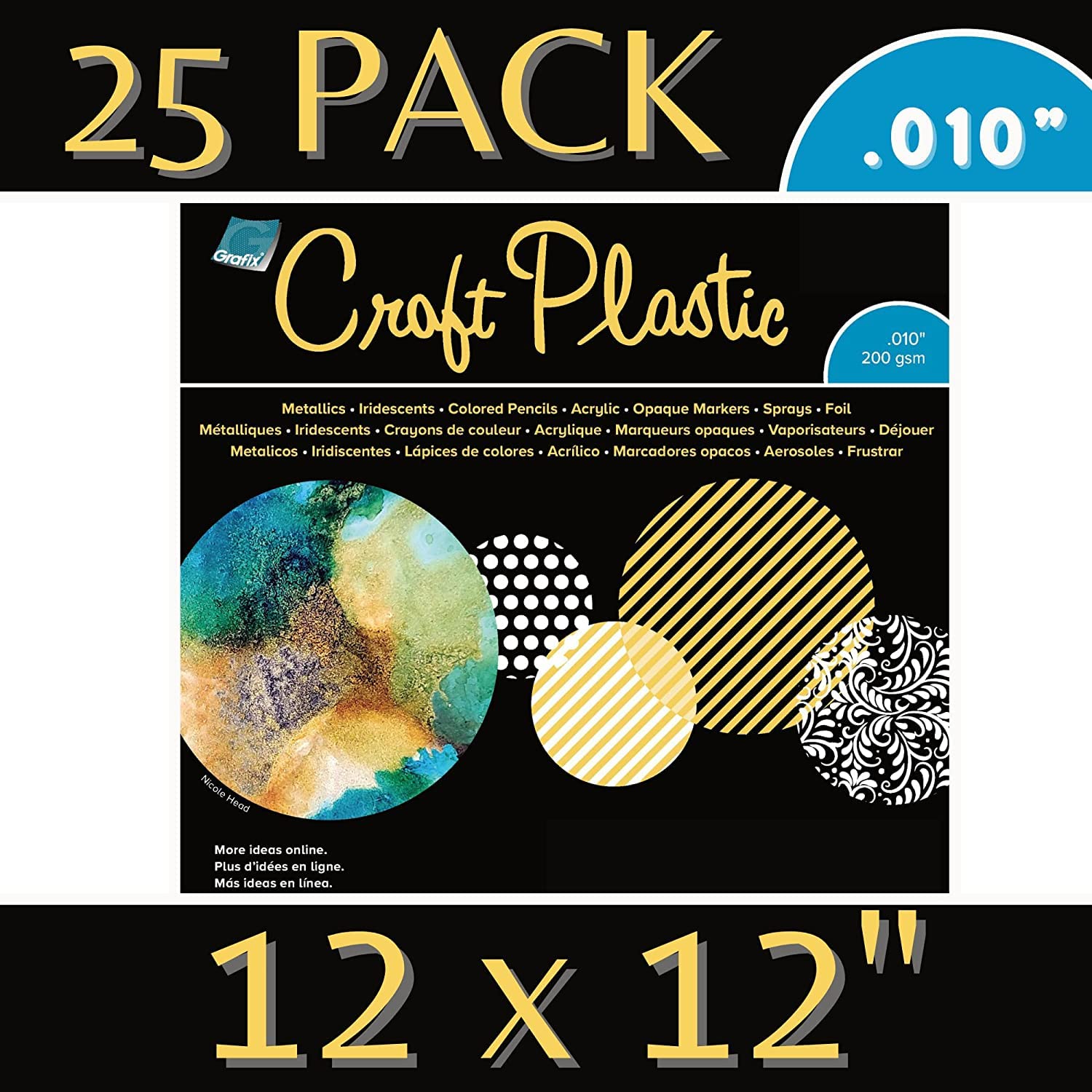 Grafix Opaque Craft Plastic β Opaque .010β Craft Plastic Film, Durable and Flexible Film, Perfect for DIY Crafts, Mixed Media, Fluid Art, Watercolors, and Stamping Black, 12x12β, Pack of 25