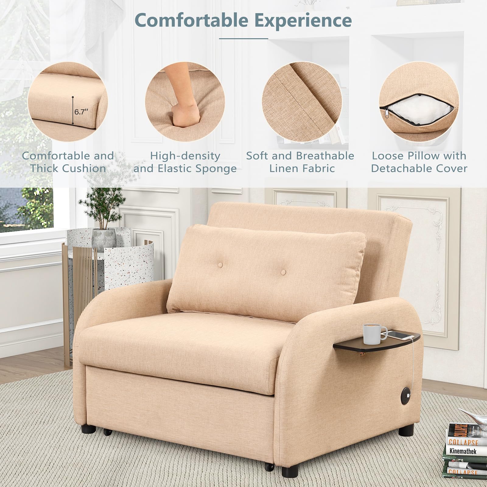 NOLLAM Pull Out Sleeper Sofa Bed with 2 Wing Table and USB Charge, Linen Fabric Single Sofa Chair Bed, Convertible Sofa Chair 3-in-1, Sleeper Chair Bed for Living Room Apartment Office, Beige Couch