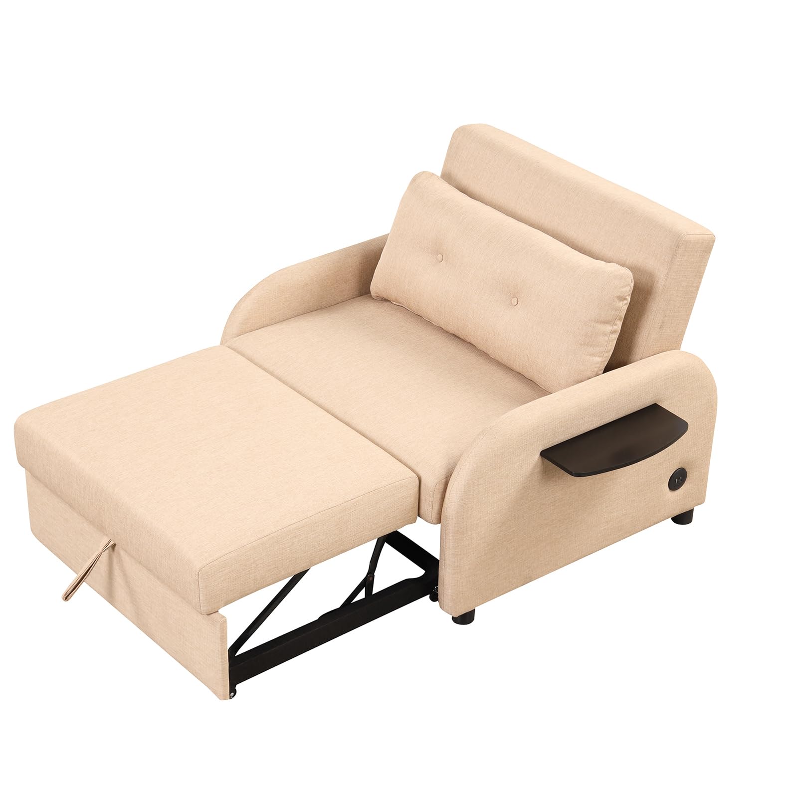 NOLLAM Pull Out Sleeper Sofa Bed with 2 Wing Table and USB Charge, Linen Fabric Single Sofa Chair Bed, Convertible Sofa Chair 3-in-1, Sleeper Chair Bed for Living Room Apartment Office, Beige Couch