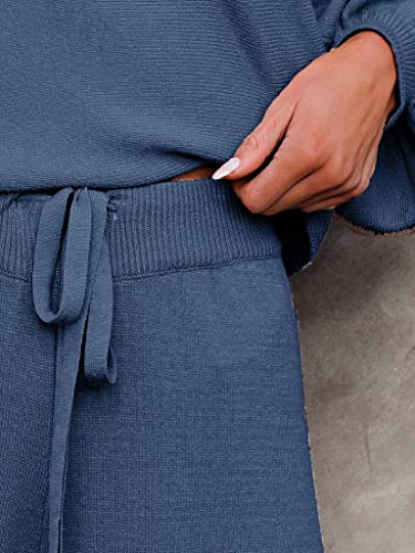 Ekouaer Knit Lounge Sets for Women 2 Piece Cozy Long Sleeve Pullover Sweater Top and Wide Leg Pants Set Pajamas Outfits Blue