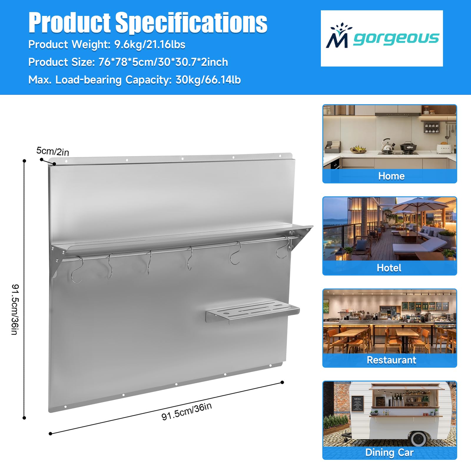 Range Backsplash with Shelf 30 x 30.7 Inch Range Hood Wall Shield Max. 66.14 lbs Load Capacity Stainless Steel Backsplash with Built-in Storage Shelf and Hanging Rack for Kitchen Home Restaurant