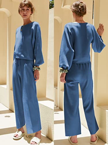 Ekouaer Knit Lounge Sets for Women 2 Piece Cozy Long Sleeve Pullover Sweater Top and Wide Leg Pants Set Pajamas Outfits Blue