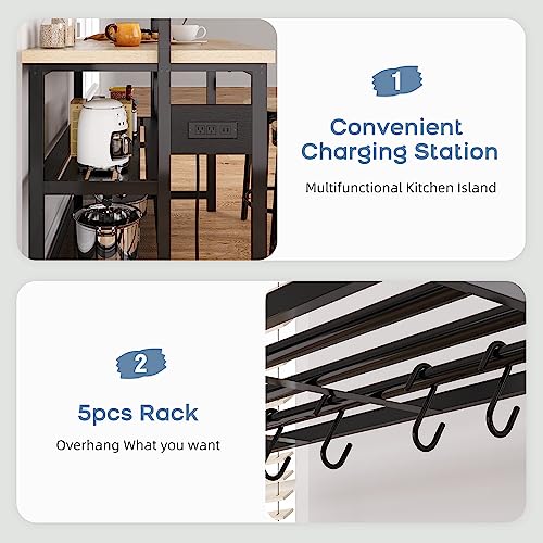 47" Large Kitchen Island Table Bakers Rack with Power Outlet and 3-Tier Storage-Microwave Stand Oven Shelf, Metal Coffee Bar Table ,Kitchen Storage Shelf for Dining Living Room, 5 Hooks, 47"*28"*72"