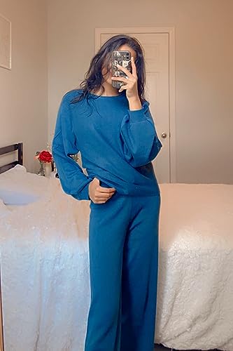 Ekouaer Knit Lounge Sets for Women 2 Piece Cozy Long Sleeve Pullover Sweater Top and Wide Leg Pants Set Pajamas Outfits Blue