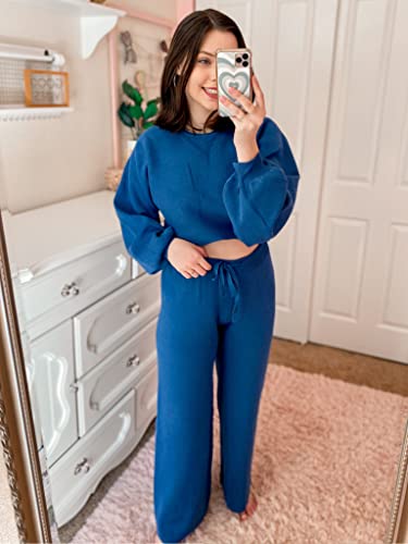 Ekouaer Knit Lounge Sets for Women 2 Piece Cozy Long Sleeve Pullover Sweater Top and Wide Leg Pants Set Pajamas Outfits Blue