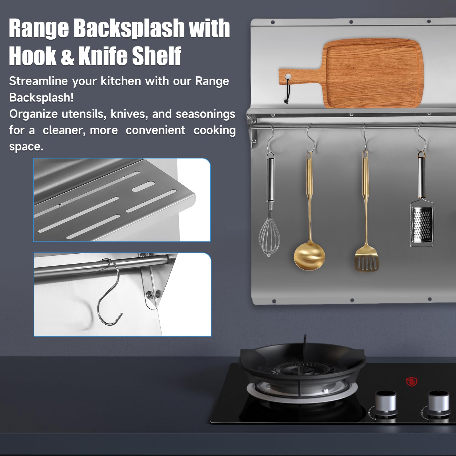 Range Backsplash with Shelf 30 x 30.7 Inch Range Hood Wall Shield Max. 66.14 lbs Load Capacity Stainless Steel Backsplash with Built-in Storage Shelf and Hanging Rack for Kitchen Home Restaurant