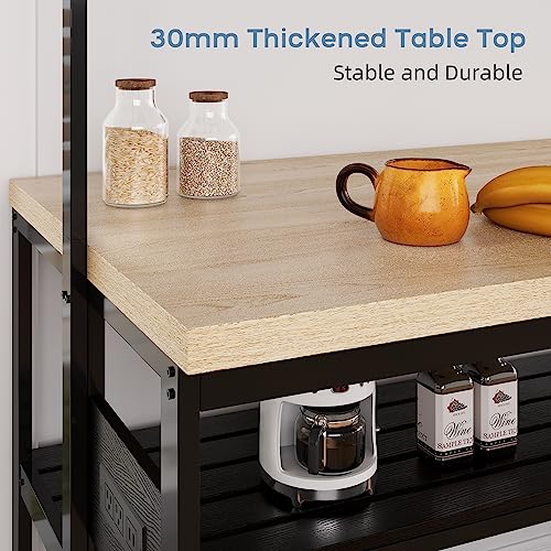 47" Large Kitchen Island Table Bakers Rack with Power Outlet and 3-Tier Storage-Microwave Stand Oven Shelf, Metal Coffee Bar Table ,Kitchen Storage Shelf for Dining Living Room, 5 Hooks, 47"*28"*72"