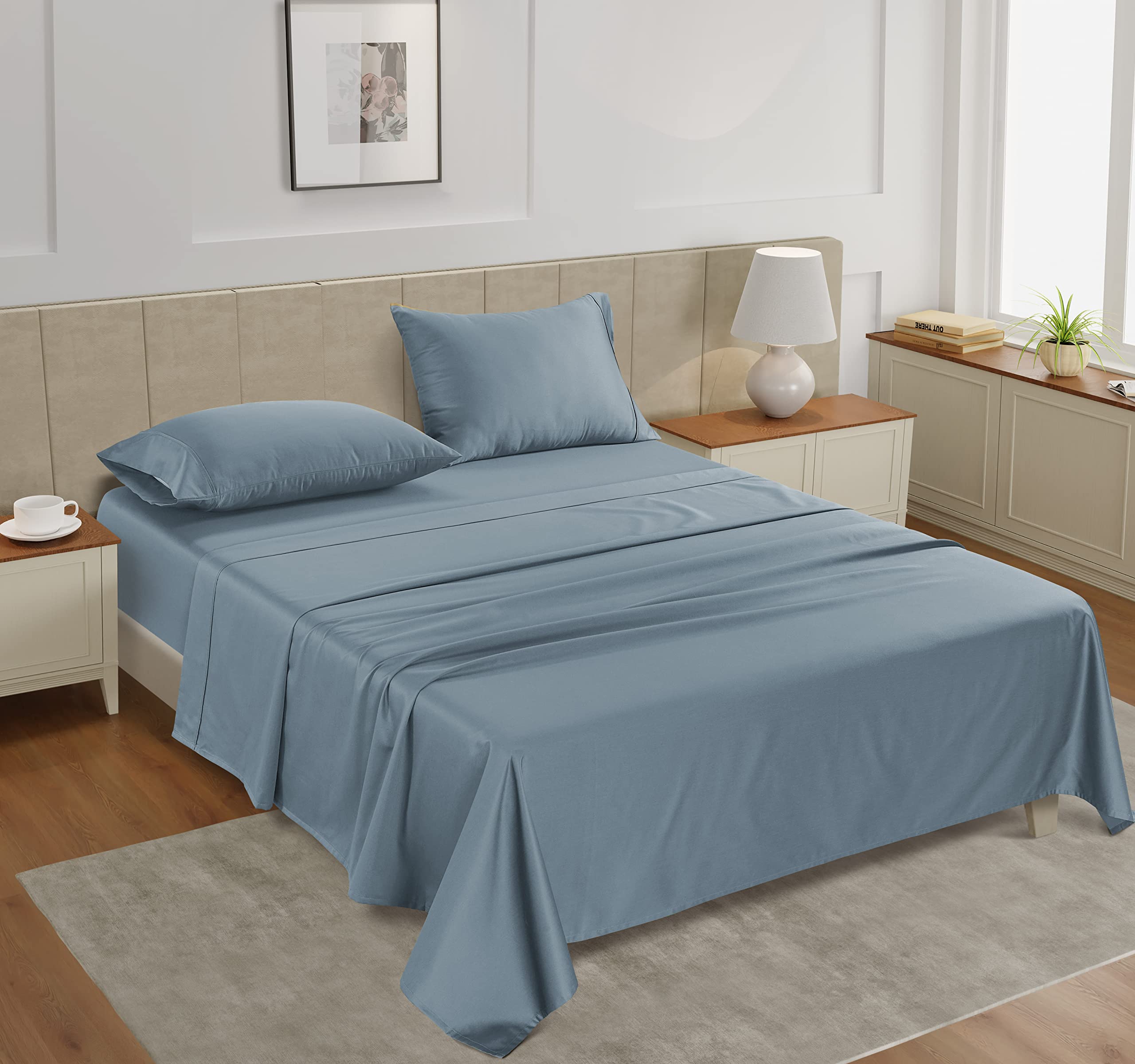LANE LINEN 450TC 100% Cotton Sheets Twin Size, Mercerized Cotton Fully Elasticized Sateen Weave Twin Sheet Set, Soft and Comfy Hotel Like Thick Sheet, Natural Cooling Bed Sheet - French Blue