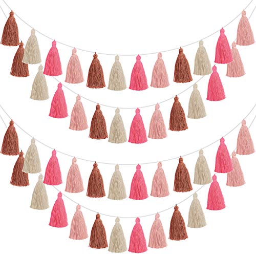 4 Pieces Tassel Garland Colorful Boho Tassel Garland Decorative Felt Banners Wall Hanging for Festival Pre Assembled (Rose Red, Pink, Brown, Khaki, 3.1 Inch)