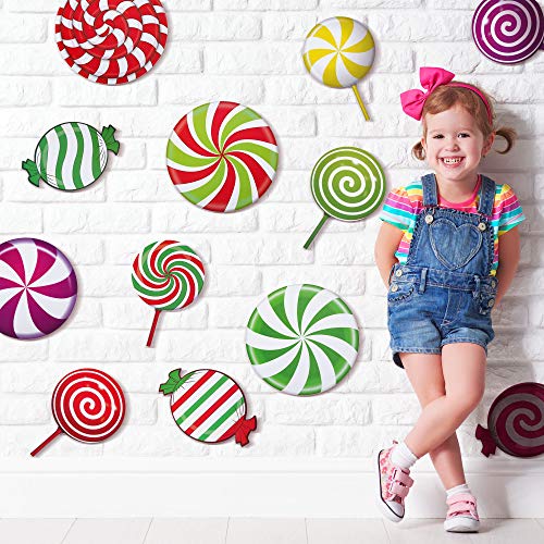 30 Pieces Christmas Candy Cutouts Peppermint Stickers Colorful Candies Round Lollipop Cutouts Candy Land Theme Xmas Candy Party Decor for Bulletin Board Decorations