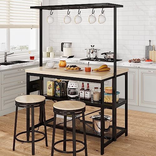 47" Large Kitchen Island Table Bakers Rack with Power Outlet and 3-Tier Storage-Microwave Stand Oven Shelf, Metal Coffee Bar Table ,Kitchen Storage Shelf for Dining Living Room, 5 Hooks, 47"*28"*72"