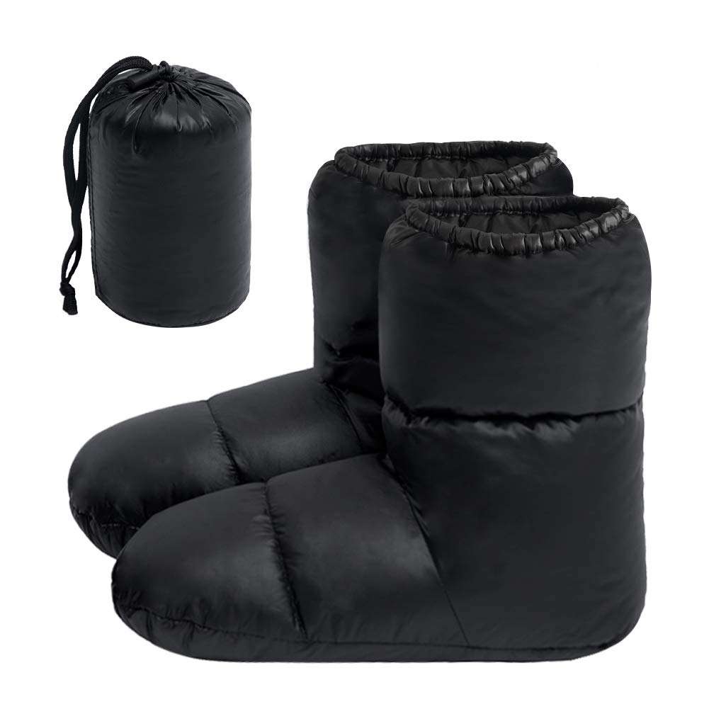 Tapasimme Down Booties Men Women Backpacking Down Slippers (Black, Large)