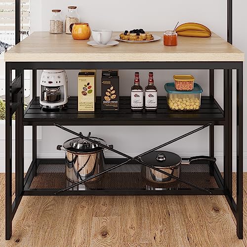 47" Large Kitchen Island Table Bakers Rack with Power Outlet and 3-Tier Storage-Microwave Stand Oven Shelf, Metal Coffee Bar Table ,Kitchen Storage Shelf for Dining Living Room, 5 Hooks, 47"*28"*72"