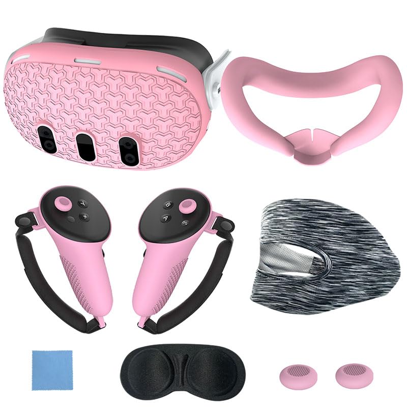 7pcs VR Accessories Set for Meta Quest 3, VR Accessories Protective Cover Includes VR Face Cover,Controller Grips,Headset Cover, Lens Protector, Quest 3 Shell Cover, (Pink)