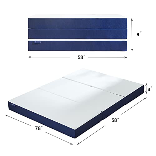 Molblly Tri Folding Mattress, 3 inch Memory Foam Mattress Topper with Breathable & Washable Cover for Guest Bed, Camping, Queen Size - 58"x 78"x 3"