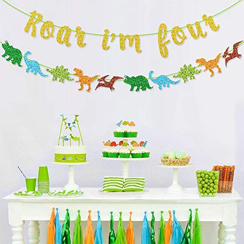 Roar I'm Four Banner Dinosaur Garland for Kids' 4th Dinosaur Birthday Party Decorations