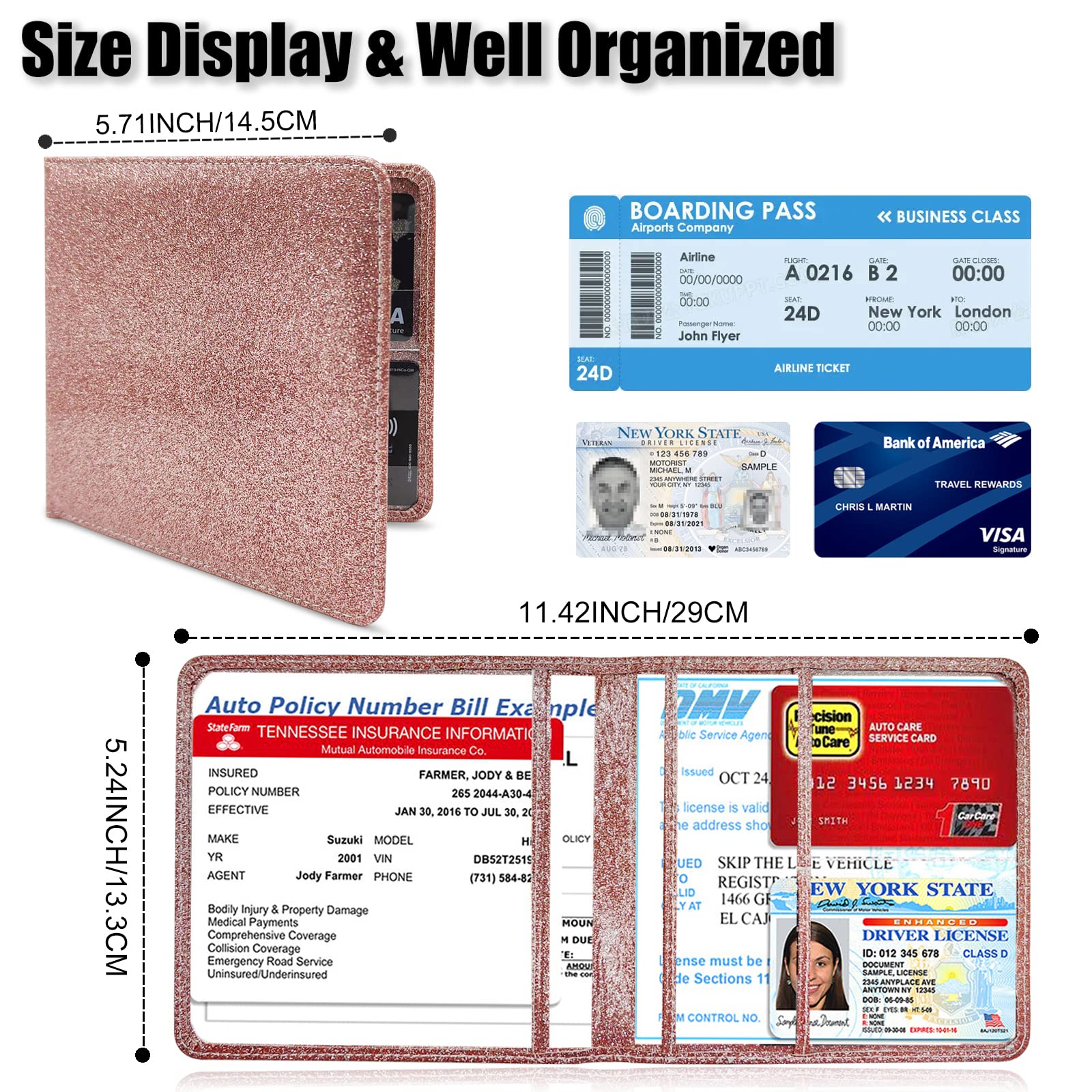Car Registration and Insurance Holder, Premium PU Leather License Registration Holder for Driver License, Car Document Holder for Driver License, Cards & Essential Documents (Rose Gold)