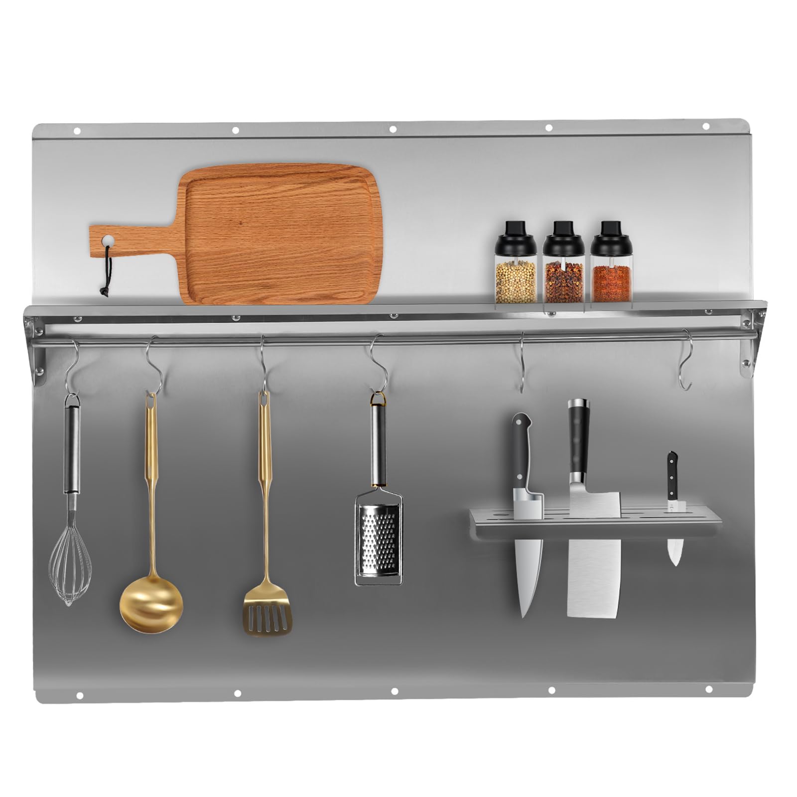 Range Backsplash with Shelf 30 x 30.7 Inch Range Hood Wall Shield Max. 66.14 lbs Load Capacity Stainless Steel Backsplash with Built-in Storage Shelf and Hanging Rack for Kitchen Home Restaurant