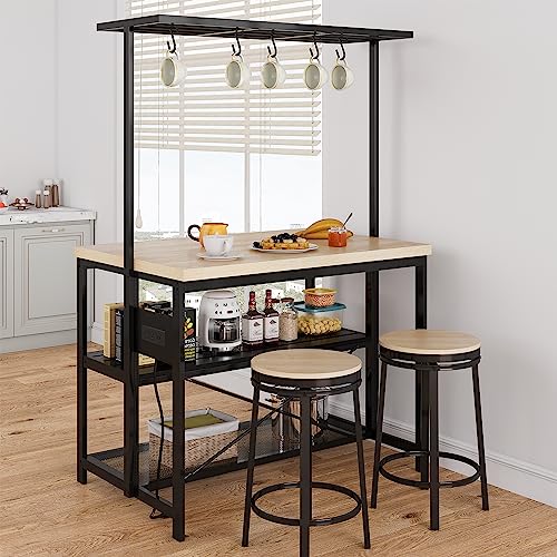 47" Large Kitchen Island Table Bakers Rack with Power Outlet and 3-Tier Storage-Microwave Stand Oven Shelf, Metal Coffee Bar Table ,Kitchen Storage Shelf for Dining Living Room, 5 Hooks, 47"*28"*72"