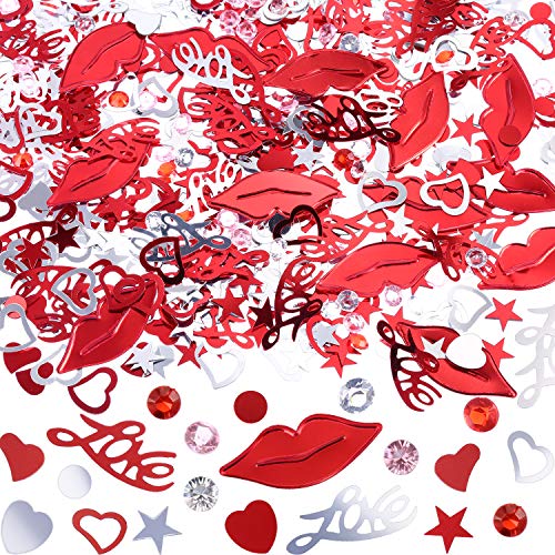 TecUnite 4000 Pieces Valentine Confetti for Valentine's Day Wedding Party Table Decoration with Heart, Love, Lip Print, Acrylic Diamond Shape Design Confetti, 3.5 Ounce