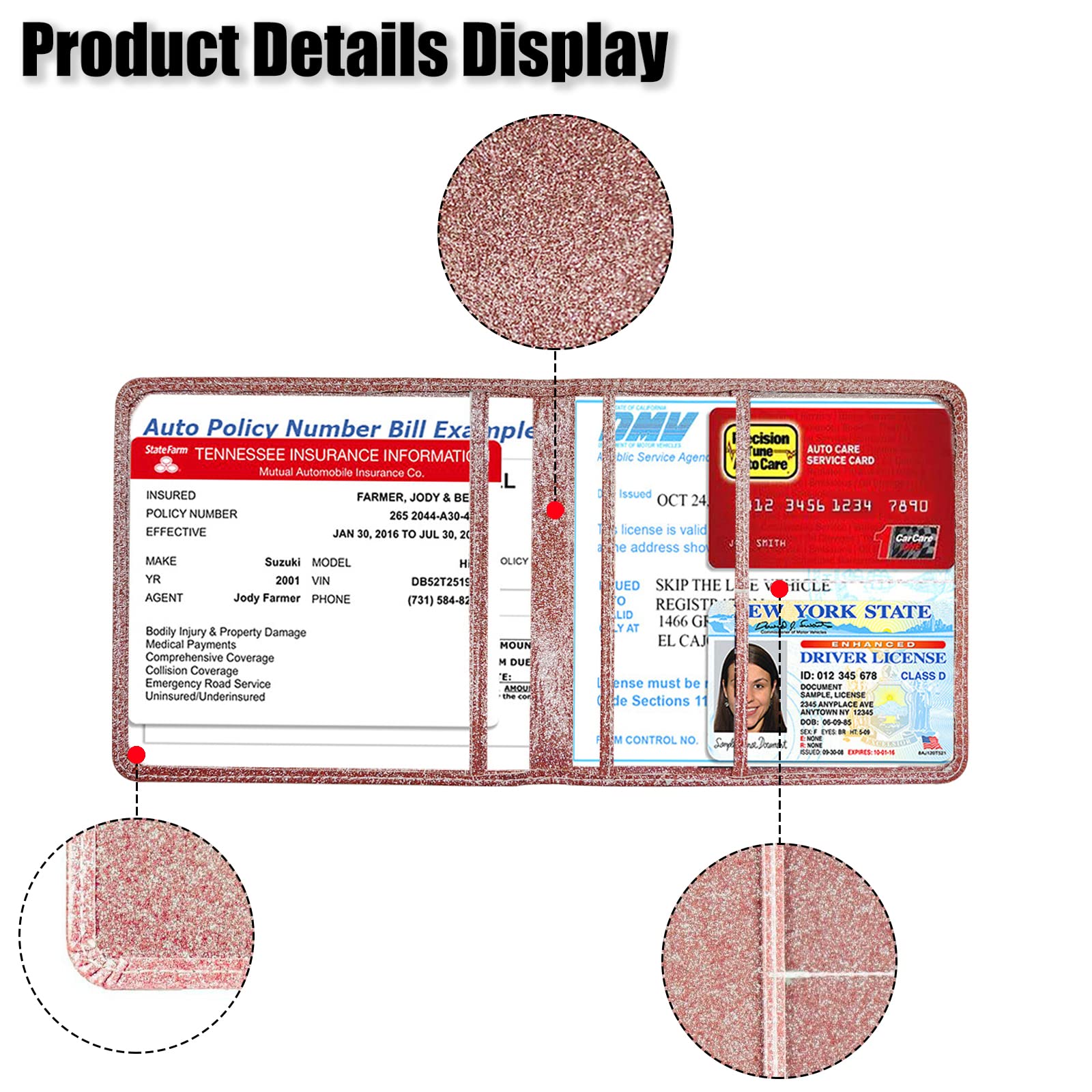 Car Registration and Insurance Holder, Premium PU Leather License Registration Holder for Driver License, Car Document Holder for Driver License, Cards & Essential Documents (Rose Gold)