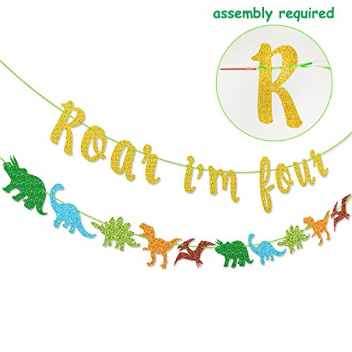 Roar I'm Four Banner Dinosaur Garland for Kids' 4th Dinosaur Birthday Party Decorations